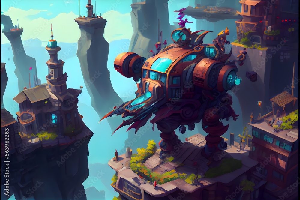 a city, sci-fi mecha artwork, a scene from a game, a cute cartoon, a ...