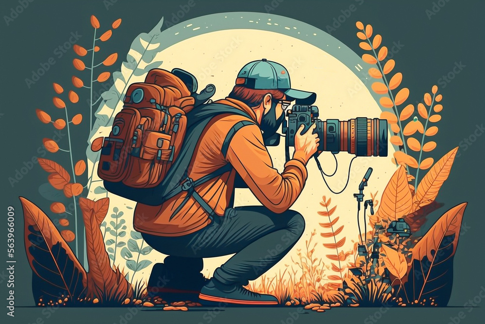 Cartoon style illustrator of a photographer at work - AI generative ...
