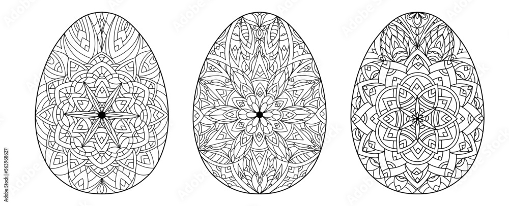Hand drawn set of floral Easter eggs. Coloring book page antistress ...
