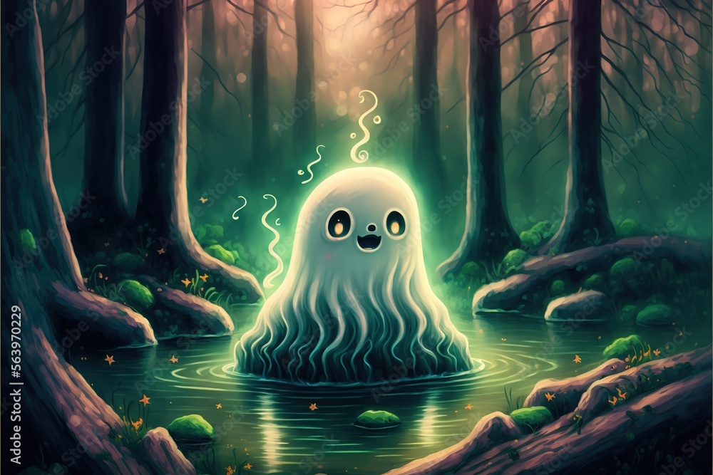 Cute Glowing Ghost floating in a magical swamp created with Generative ...