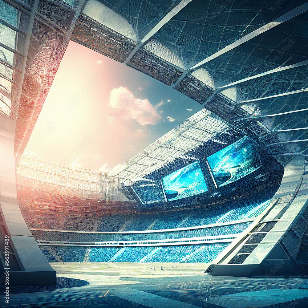 Futuristic football stadium. Monumental sports building, inside view ...
