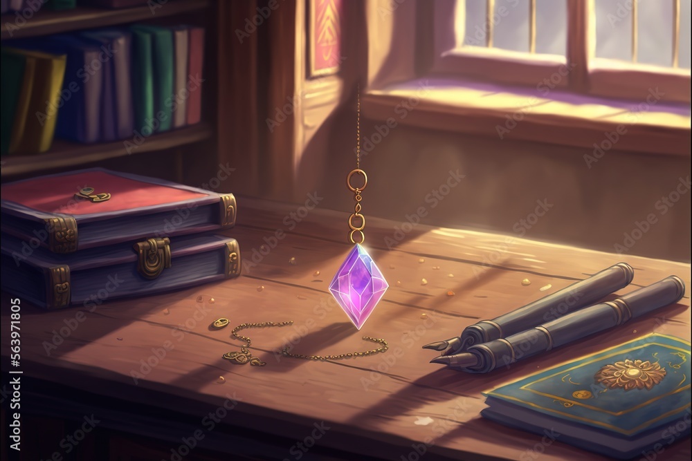 beautiful glowing crystal prismatic amulet laying on the table in a ...