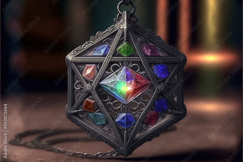 beautiful glowing crystal prismatic amulet laying on the table in a ...