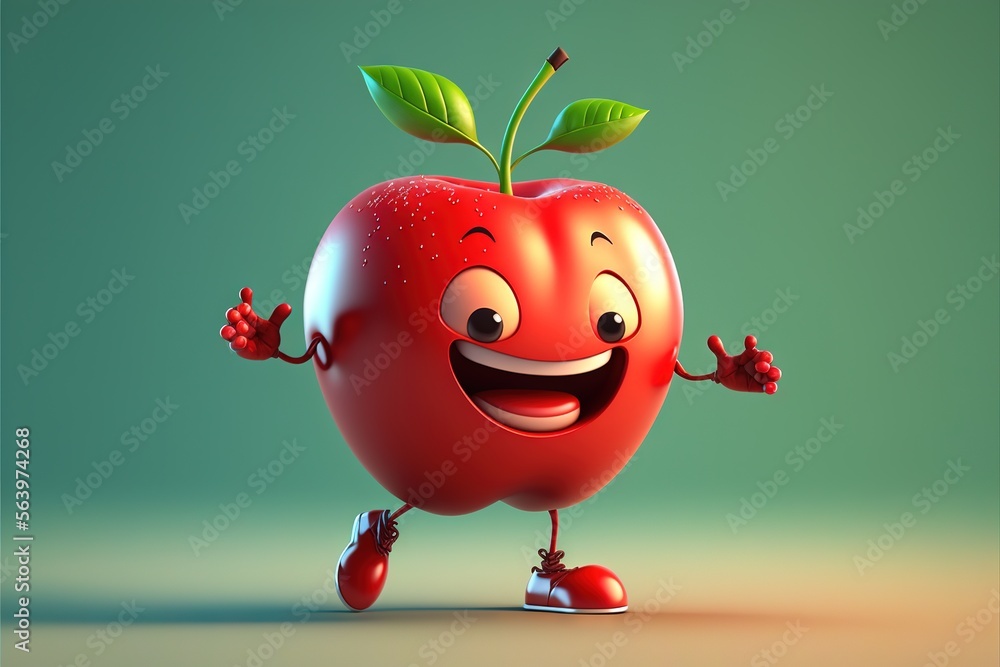 red apple Antropomorphic cute cartoon illustration 3D stile generative ...