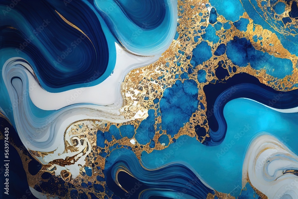 texture abstraite de marbre bleu et or en vagues organiques et coulures ...