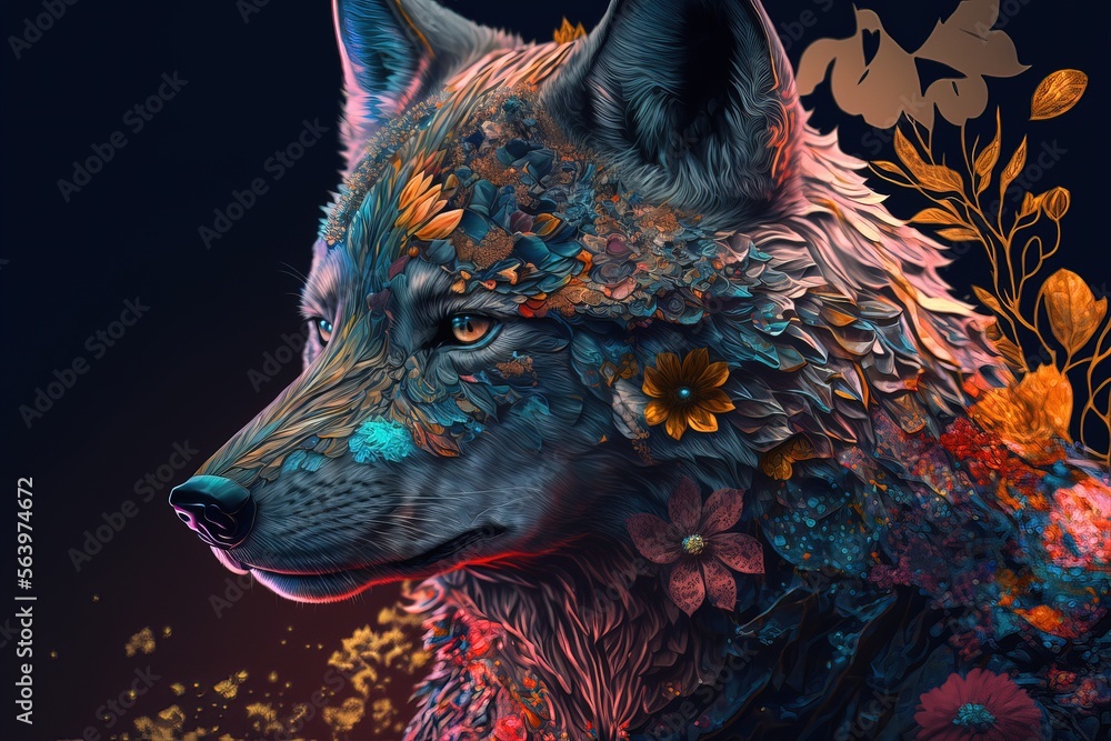 portrait fantastique de loup magique aux motifs naturels floraux Stock ...