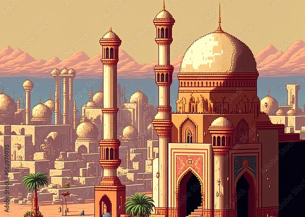 Pixel art ancient Arabic city, city in the desert with buildings and ...