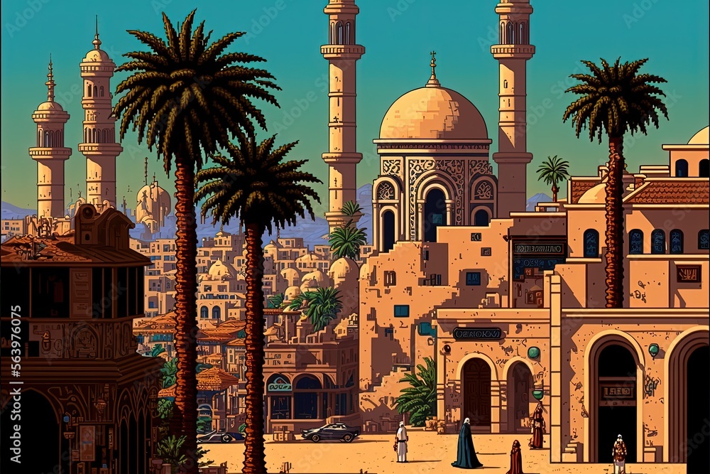 Pixel art ancient Arabic city, city in the desert with buildings and ...