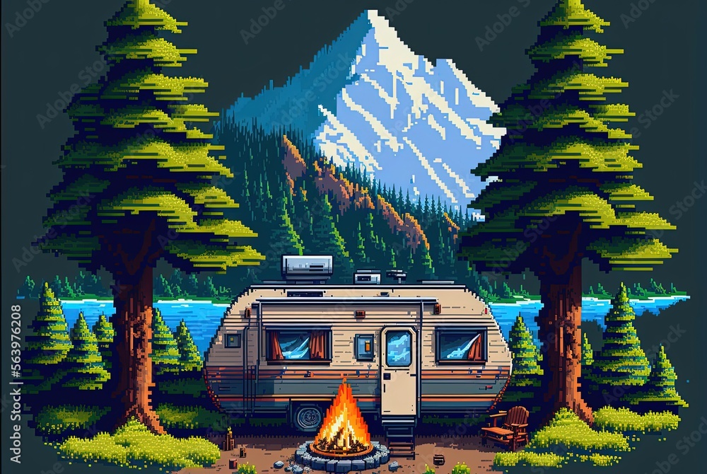Pixel art camping in the woods, campsite with trailer and campfire ...
