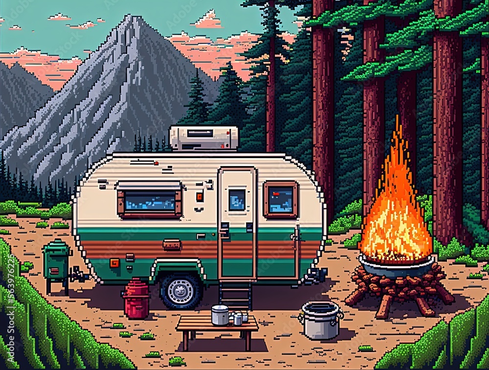 Pixel art camping in the woods, campsite with trailer and campfire ...