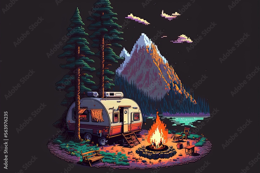 Pixel art camping in the woods, campsite with trailer and campfire ...