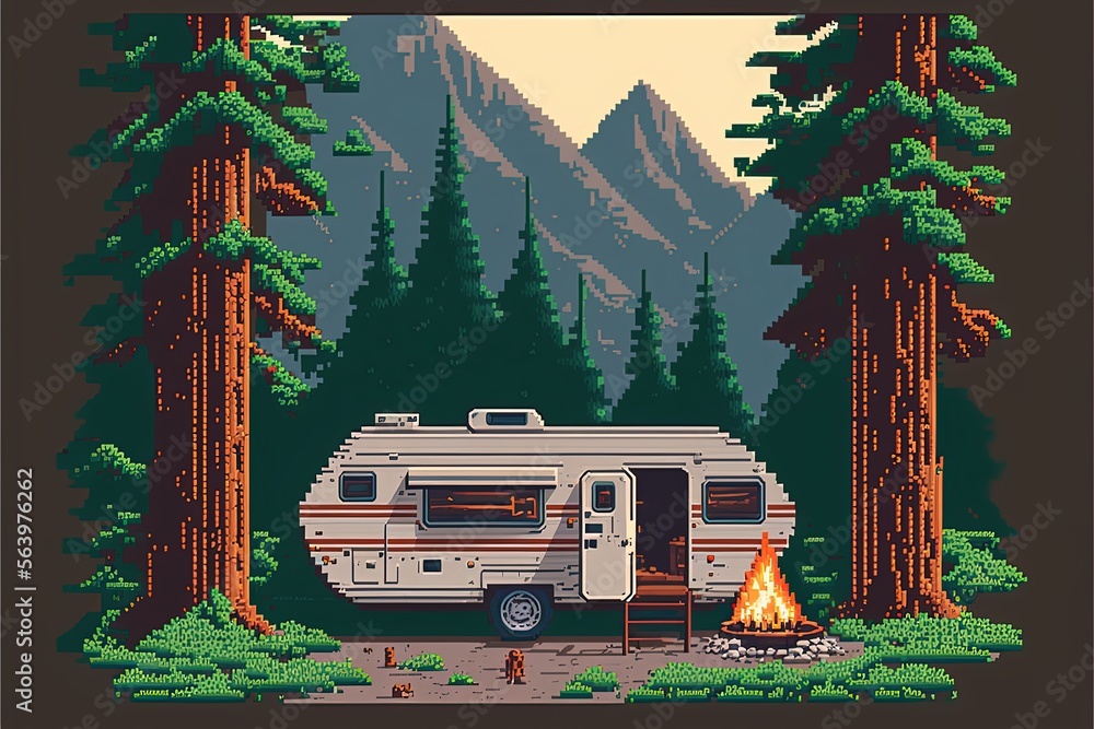 Pixel art camping in the woods, campsite with trailer and campfire ...