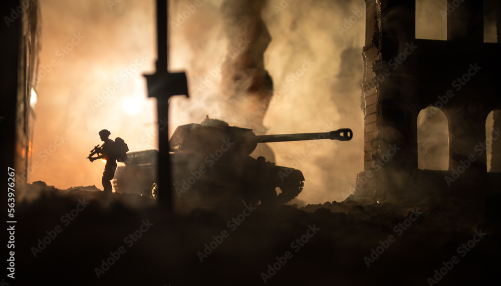 War Concept. Military silhouettes fighting scene on war fog sky ...