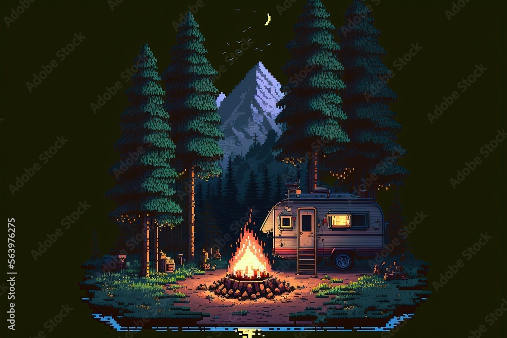 Pixel art camping in the woods, campsite with trailer and campfire ...