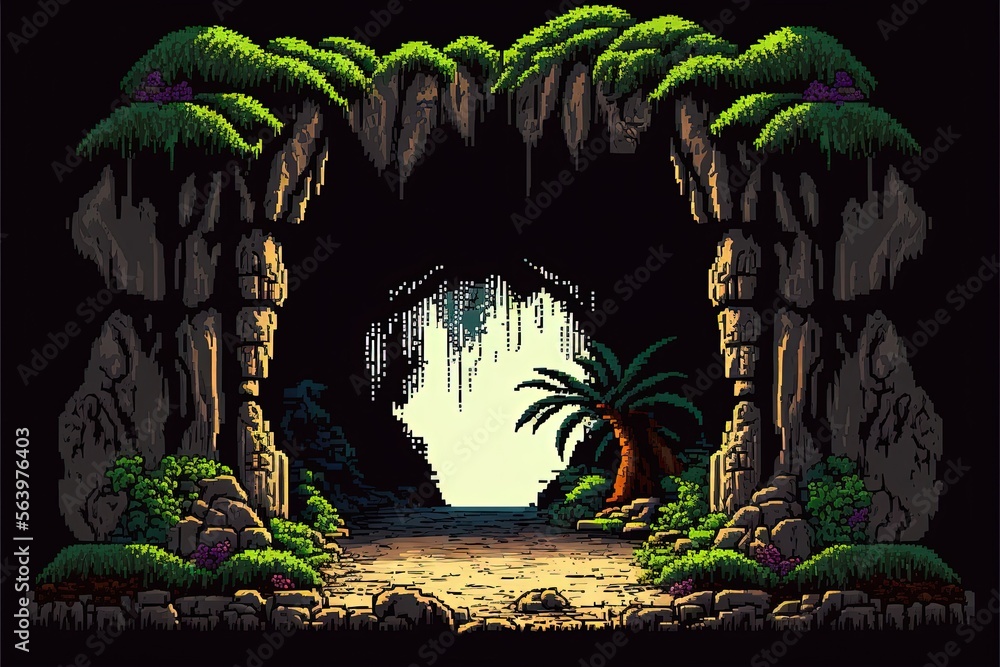 Pixel art cave entrance, natural tunnel with rocks, trees and ...