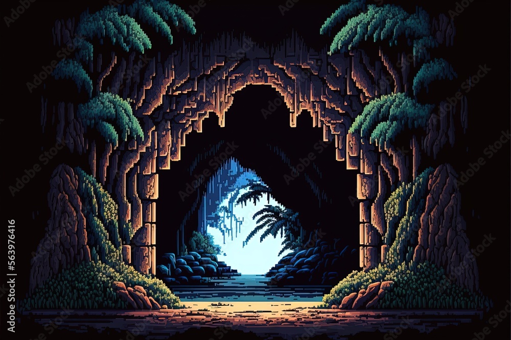 Pixel art cave entrance, natural tunnel with rocks, trees and ...