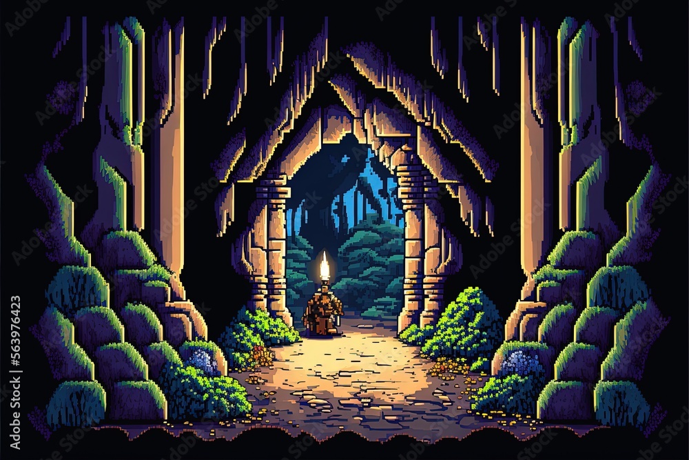 Pixel art cave entrance, natural tunnel with rocks, trees and ...