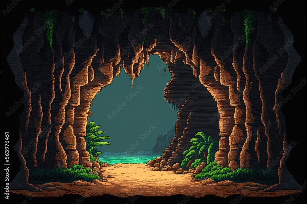 Pixel art cave entrance, natural tunnel with rocks, trees and ...