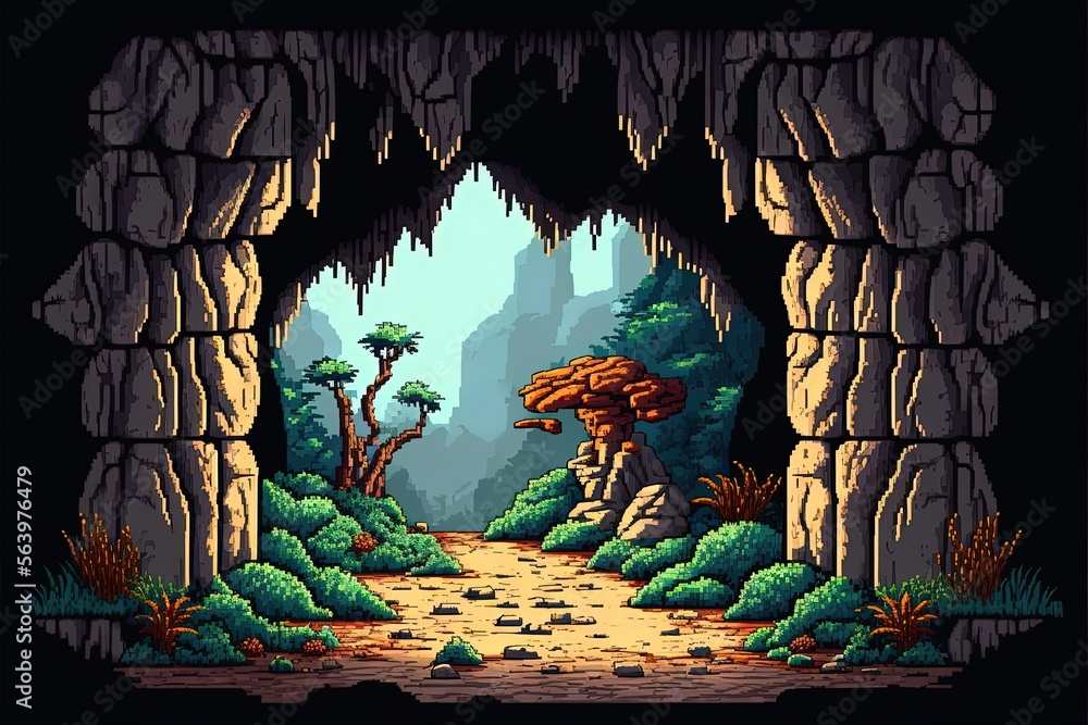 Pixel Art Cave Entrance Natural Tunnel With Rocks Trees And Vegetation Landscape In Retro