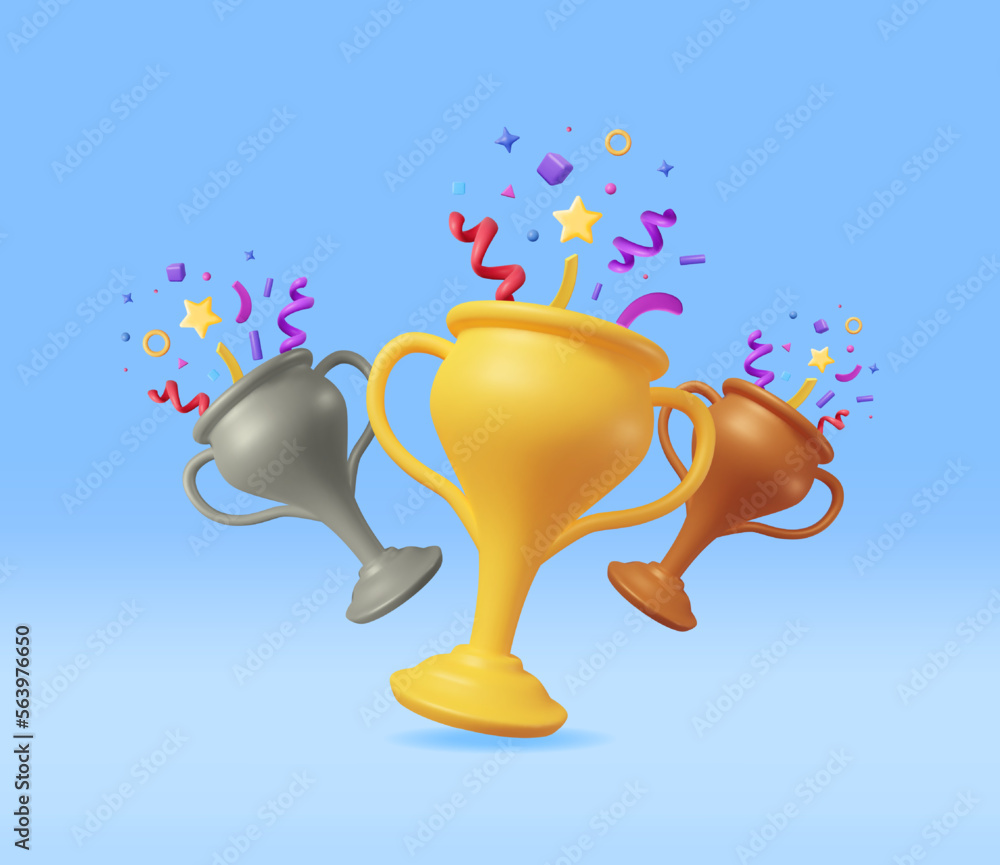 3D Golden Champion Trophy with Confetti. Render Gold Cup Trophy Icon ...