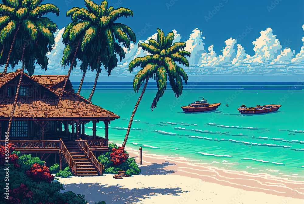 Pixel art paradise island resort, beach bungalow, landscape in retro ...