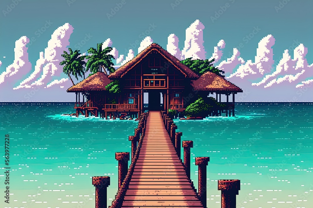 Pixel art bungalow on paradise island beach, tropical resort, landscape ...