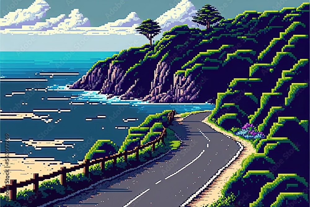 Pixel art highway on hillside near sea, road on the coast, landscape in ...