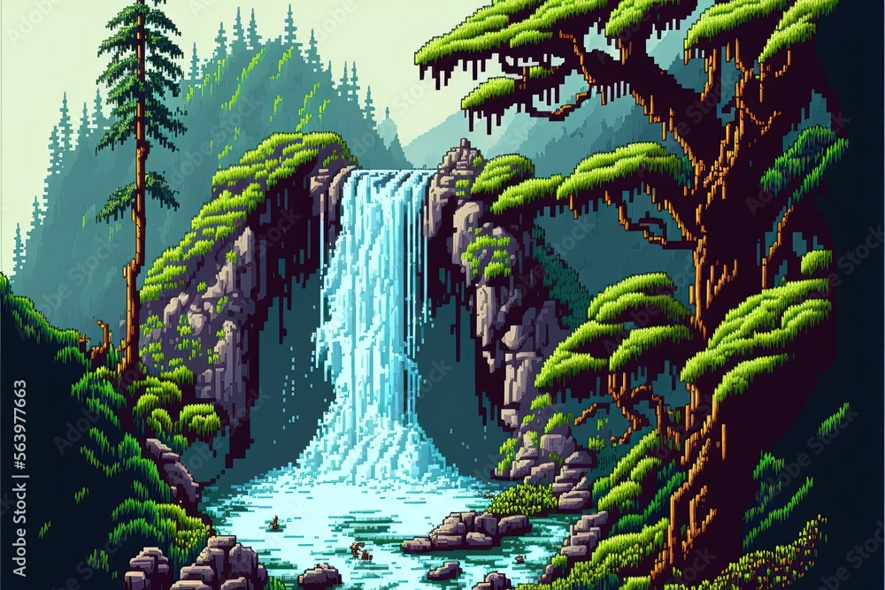Pixel art waterfall in the forest, landscape in retro style for 8 bit ...