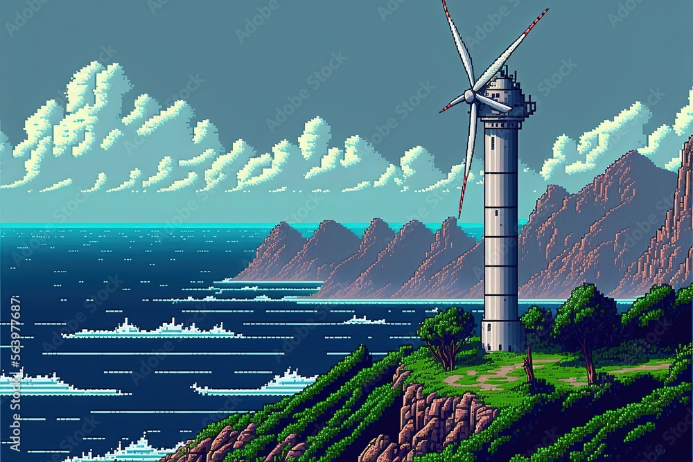 Pixel art wind farm generator on mountain near sea, landscape in retro ...