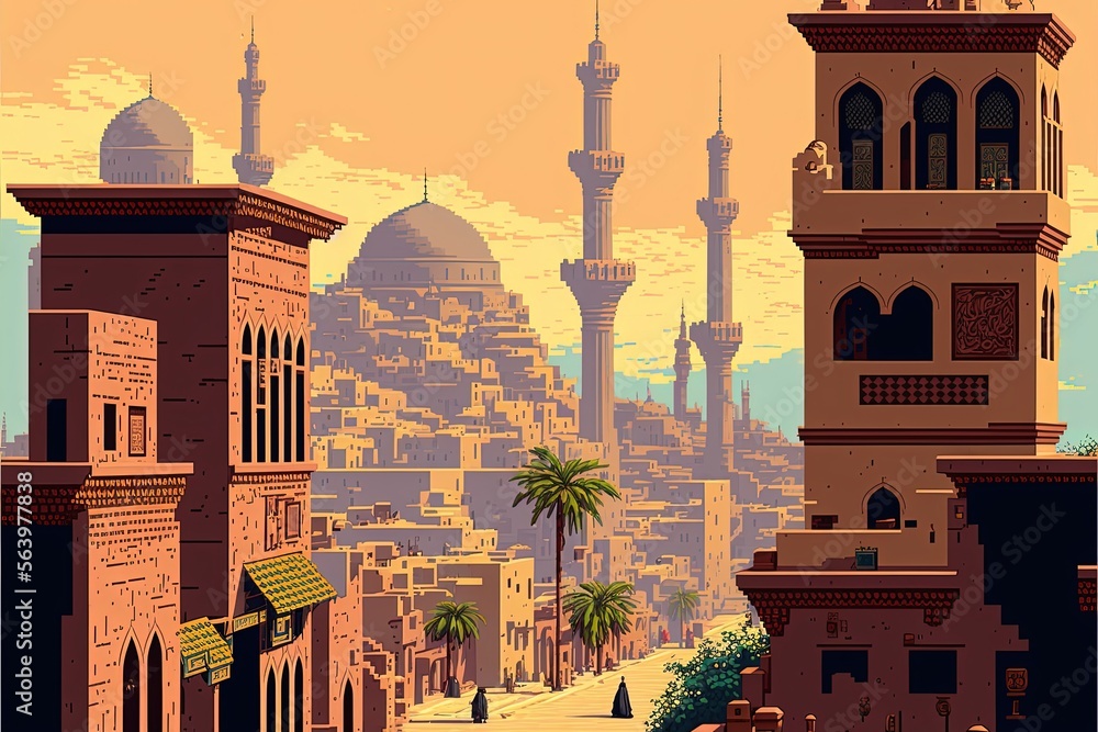 Pixel art ancient Arabic city, city in the desert with buildings and ...