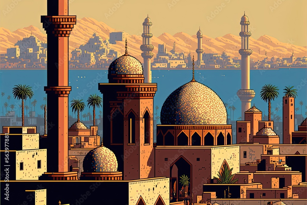 Pixel art ancient Arabic city, city in the desert with buildings and ...