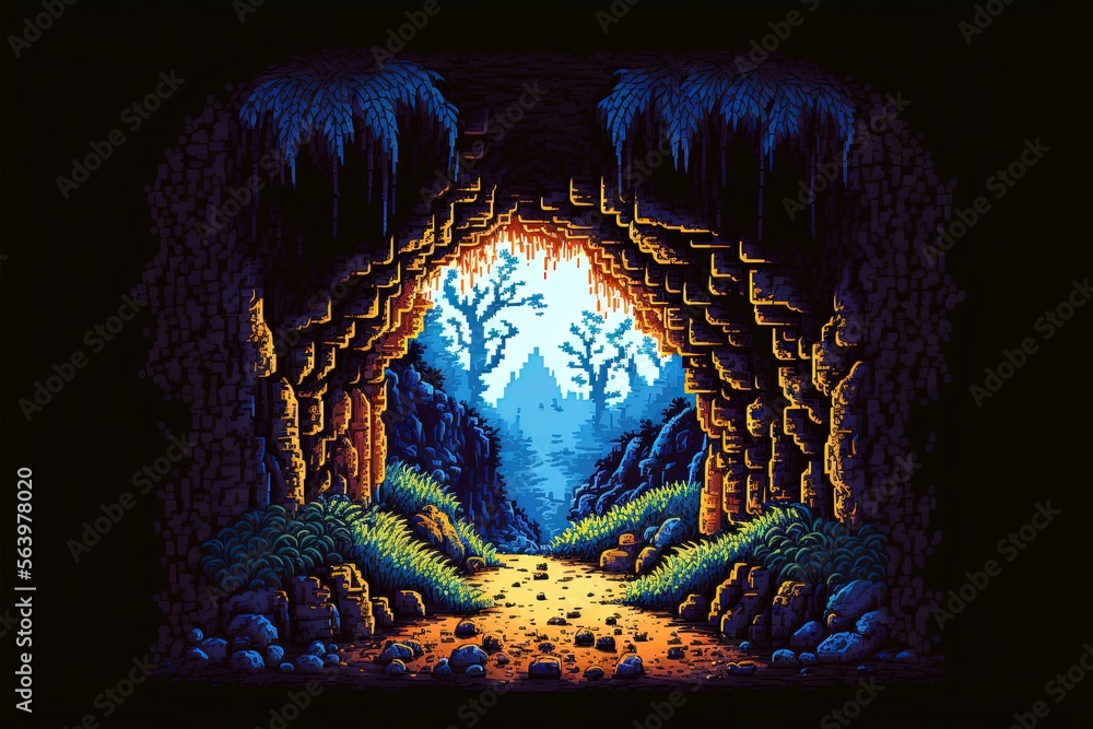 Pixel art cave entrance, natural tunnel, landscape in retro style for 8 ...