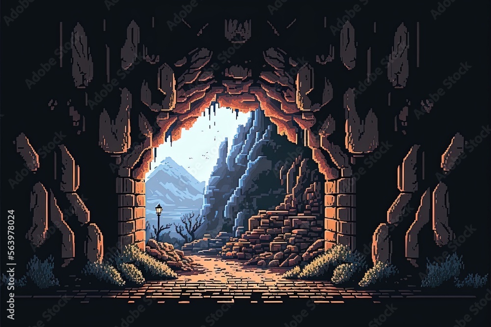 Pixel art cave entrance, natural tunnel, landscape in retro style for 8 ...