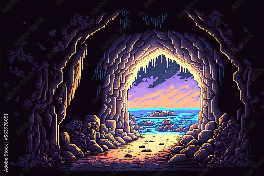 Pixel art cave entrance, natural tunnel, landscape in retro style for 8 ...