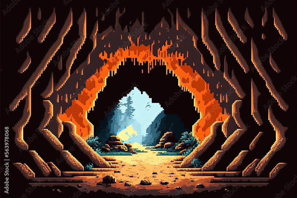Pixel art cave entrance, natural tunnel, landscape in retro style for 8 ...