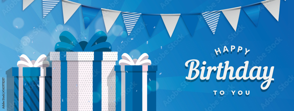 Blue birthday party banner. Gift banner. Happy birthday card with ...