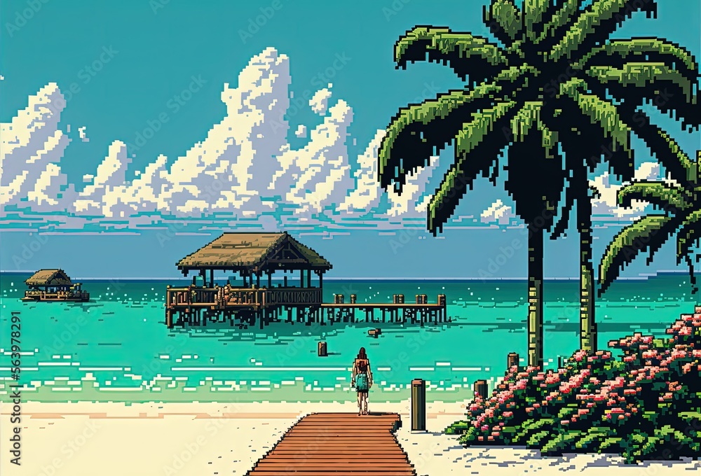 Pixel art bungalow on paradise island beach, tropical resort, landscape ...