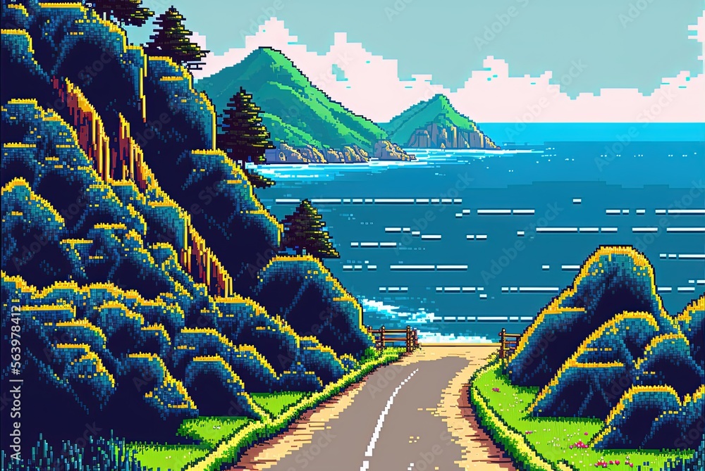 Pixel art highway on hillside near sea, road on the coast, landscape in ...