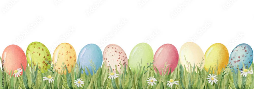 Watercolor vector border with green grass and Easter eggs. Stock Vector ...