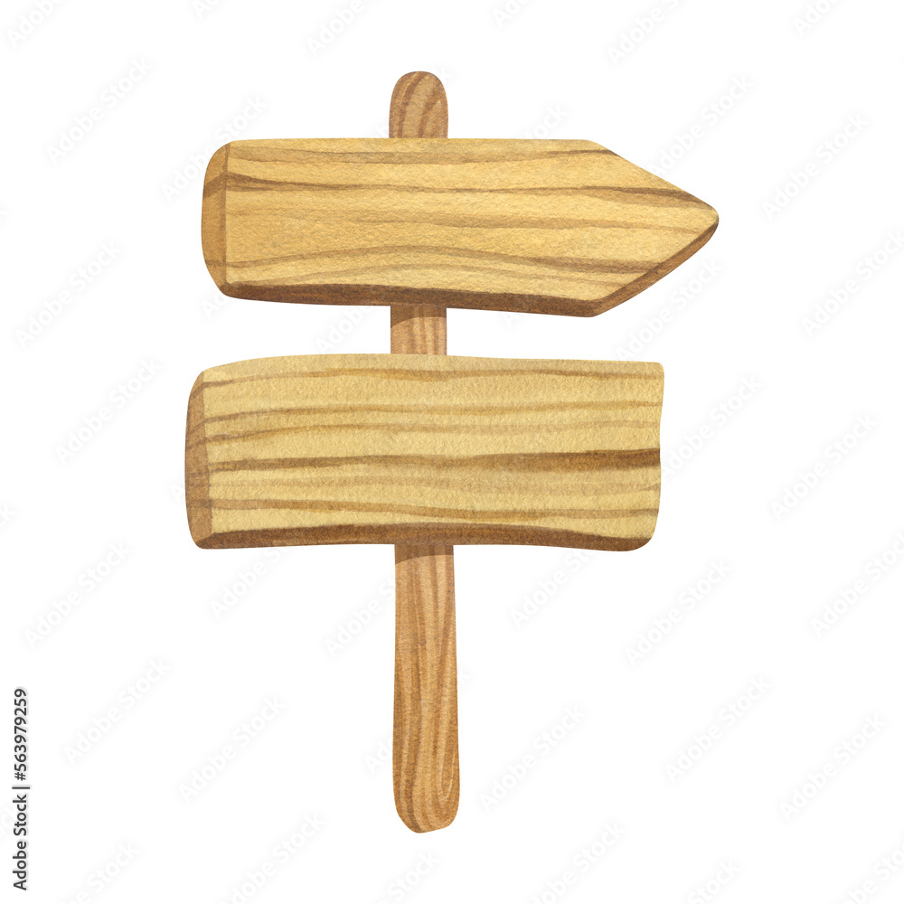 Watercolor the wooden pointer street signs guidepost. Textured wood ...