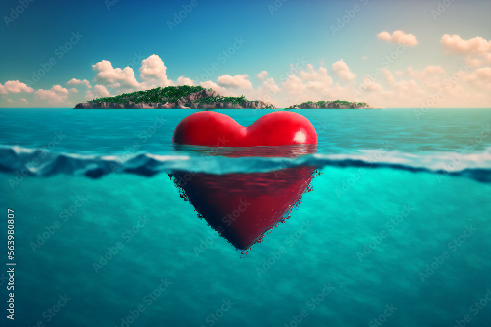 Red heart floats immersed in water in warm turquoise tropical waters, a ...