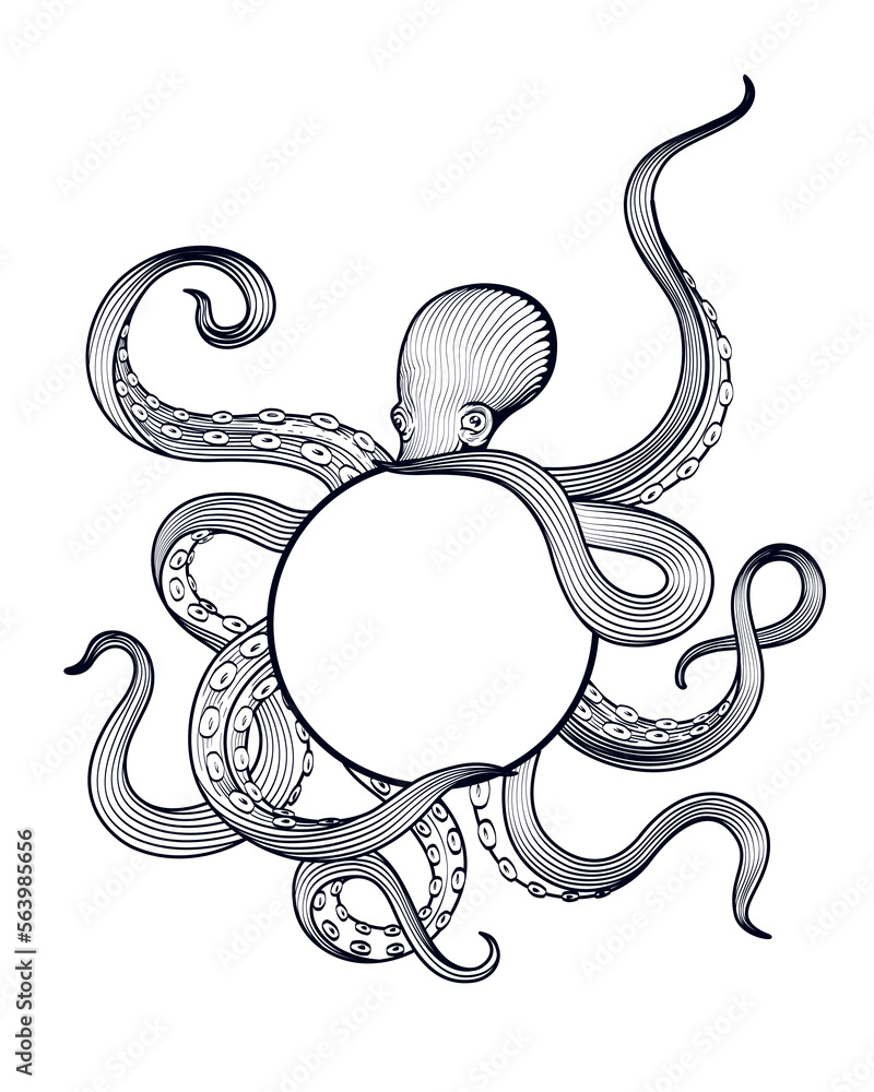 Octopus holding sphere with tentacles, hand drawn vector illustration ...