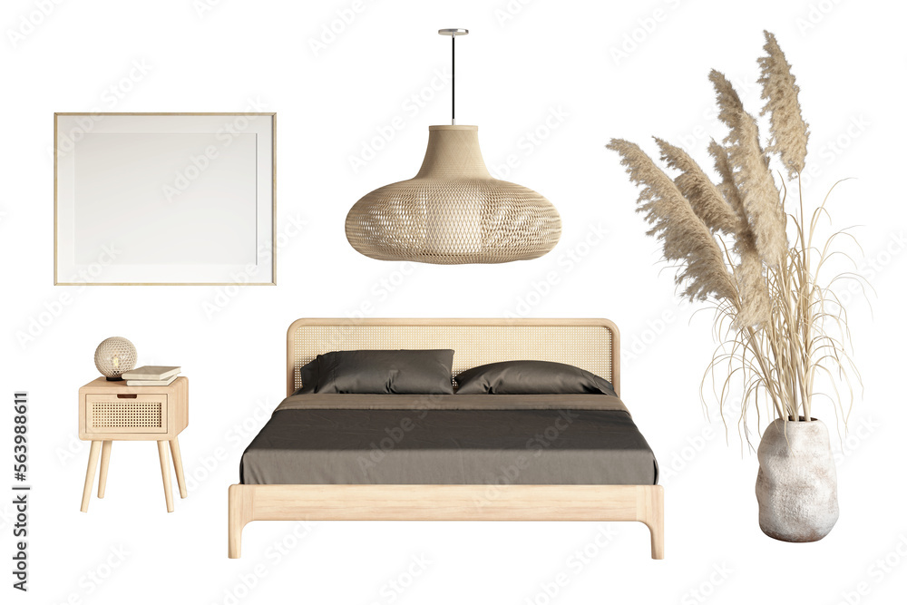 A set of rattan furniture in bedroom 1. A bed with a rattan headboard ...