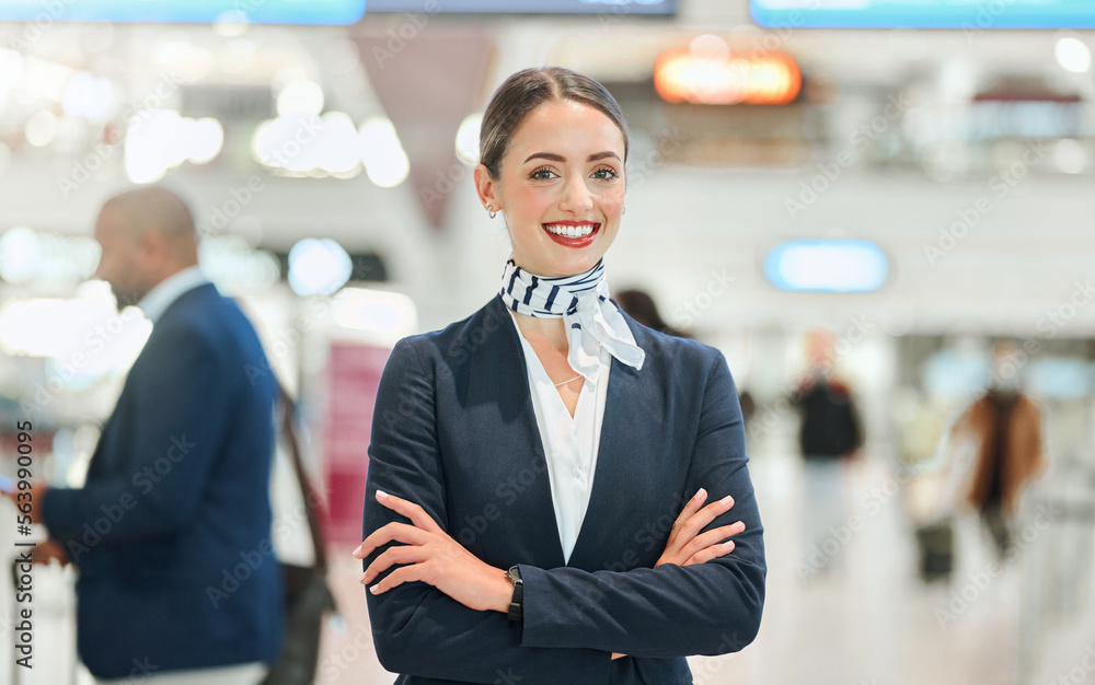 Airport, woman concierge and portrait with smile, arms crossed and ...
