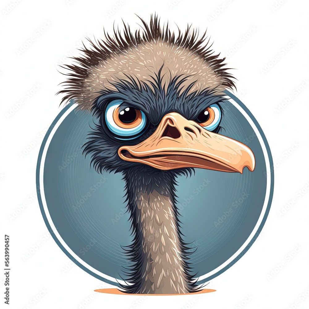 an emu with a blue circle around it's neck and a big beak with a large ...
