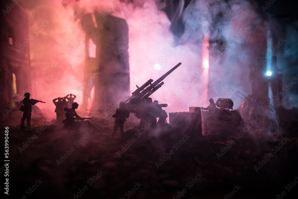 War Concept. Military silhouettes fighting scene on war fog sky ...
