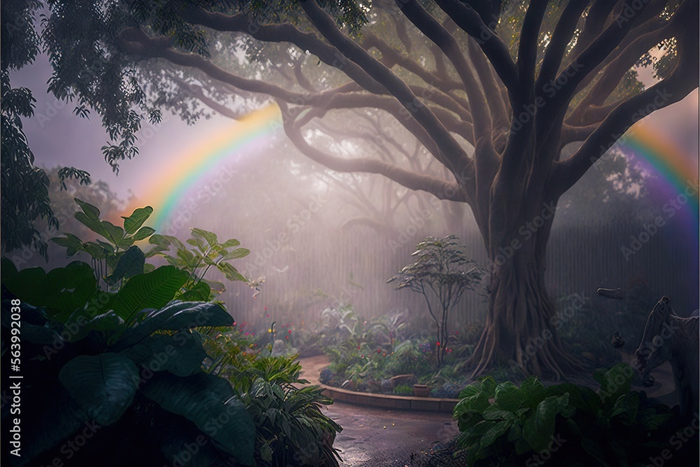 A picture of a tree with a rainbow in the background Stock Illustration ...