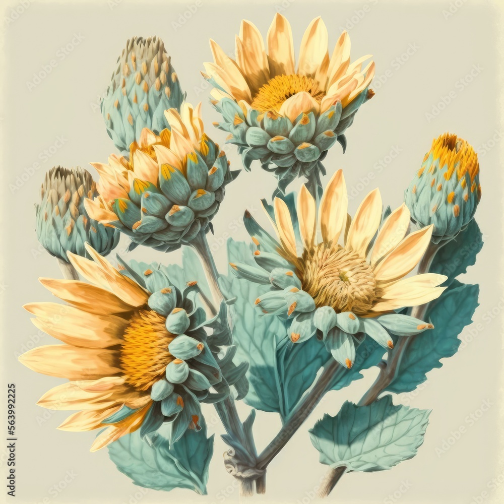 Arrow leaf Balsam root flowers, very light and dull pastel, water color ...