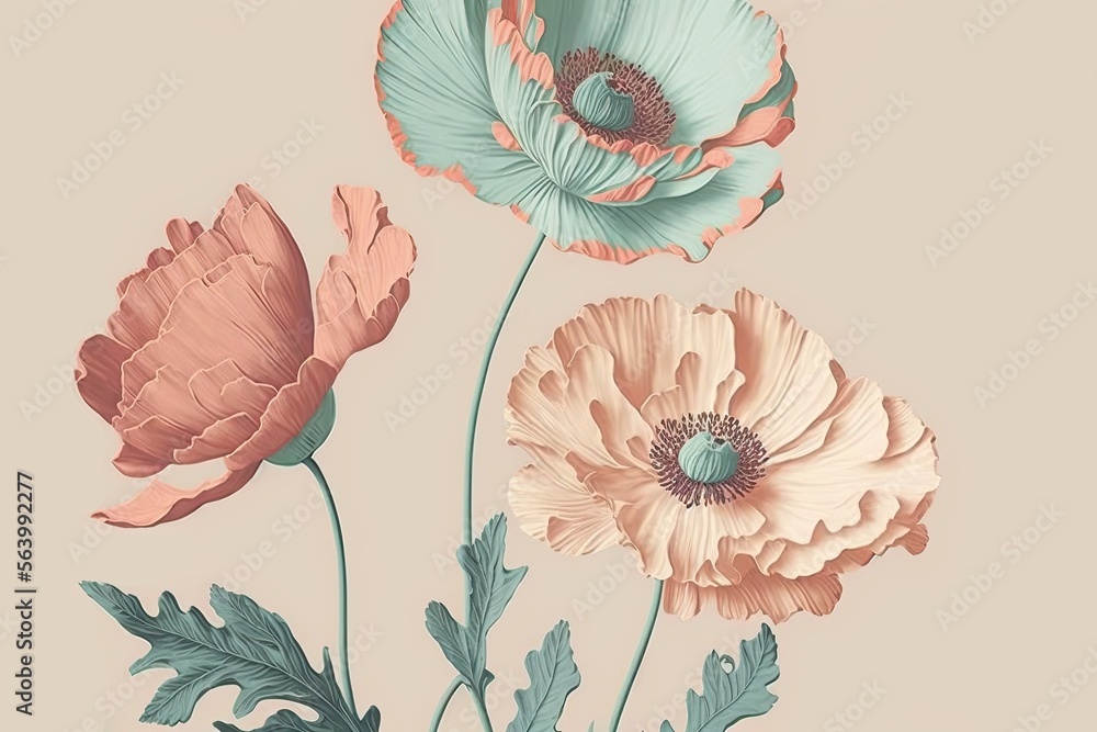 pastel vintage art style poppy flowers art deco, vintage, boho style ...