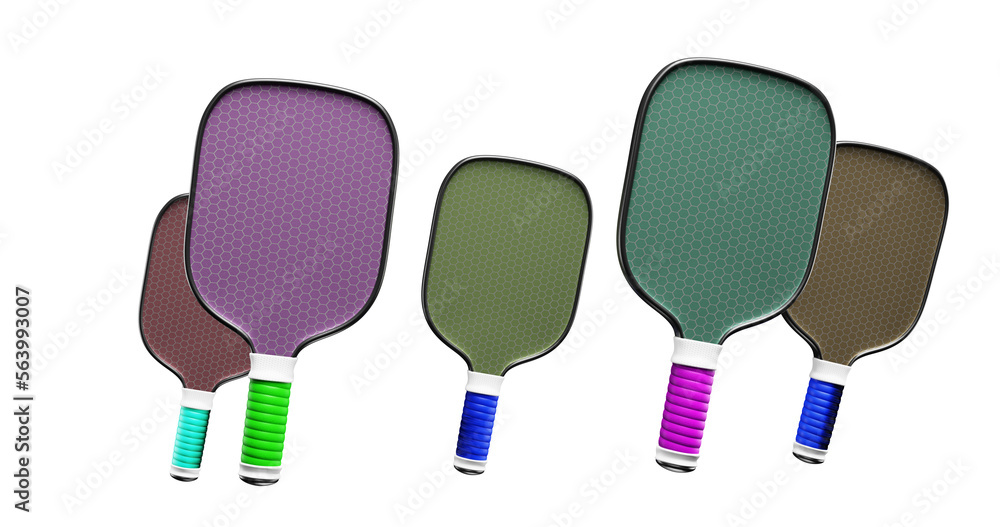 Pickleball many colorful rackets on a transparent background. 3D ...